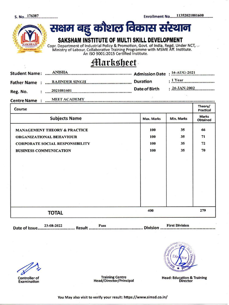 Diploma Marksheet Anisha | PDF