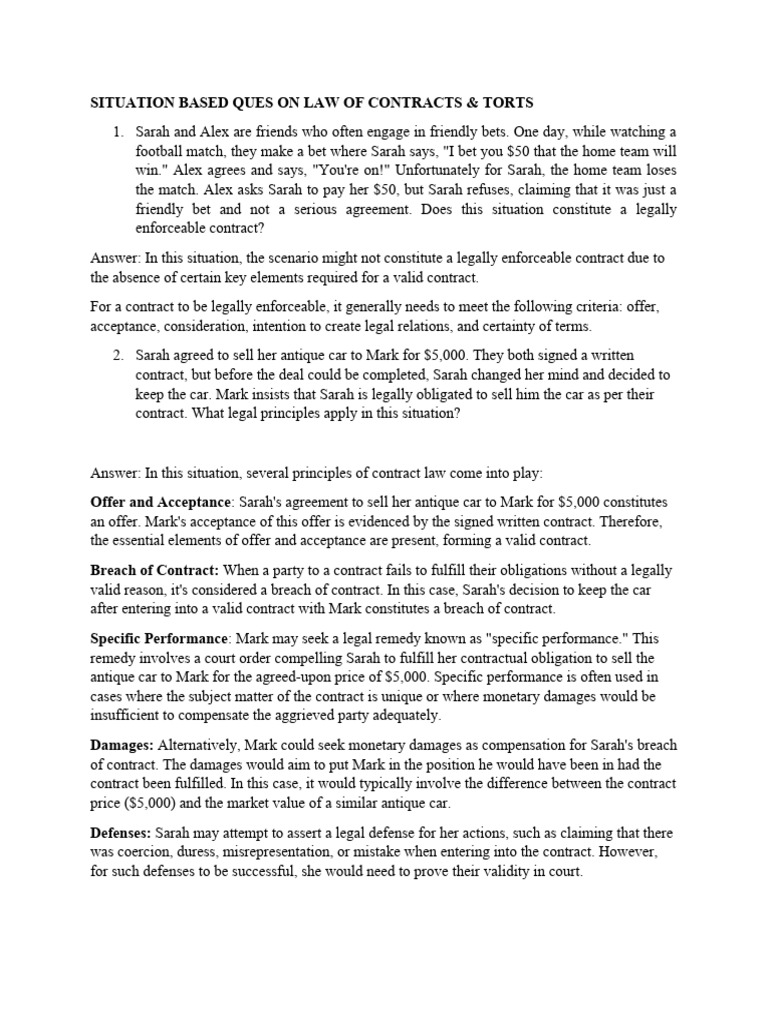 SITUATION BASED QUES ON LAW OF CONTRACTS 2 | Download Free PDF | Misrepresentation | Breach Of ...