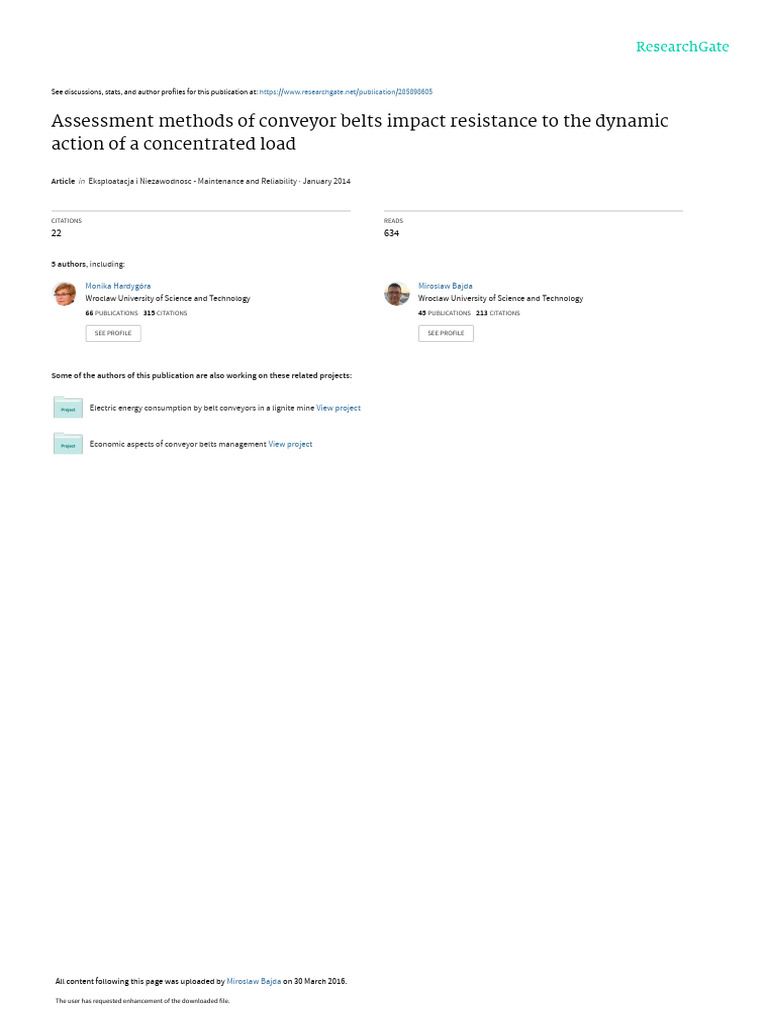 Assessment Methods of Conveyor Belts Impact Resistance To The Dynamic ...