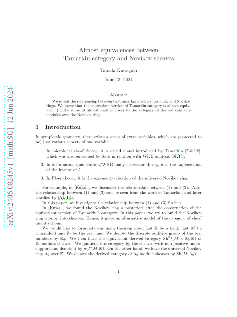 Almost Equivalences Between Tamarkin Category and Novikov Sheaves 2406. ...