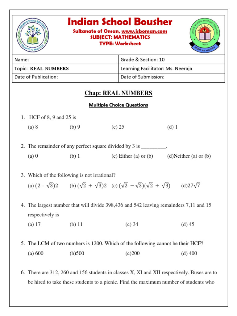 G10 - WS - Real Numbers | PDF | Numbers | Mathematical Concepts