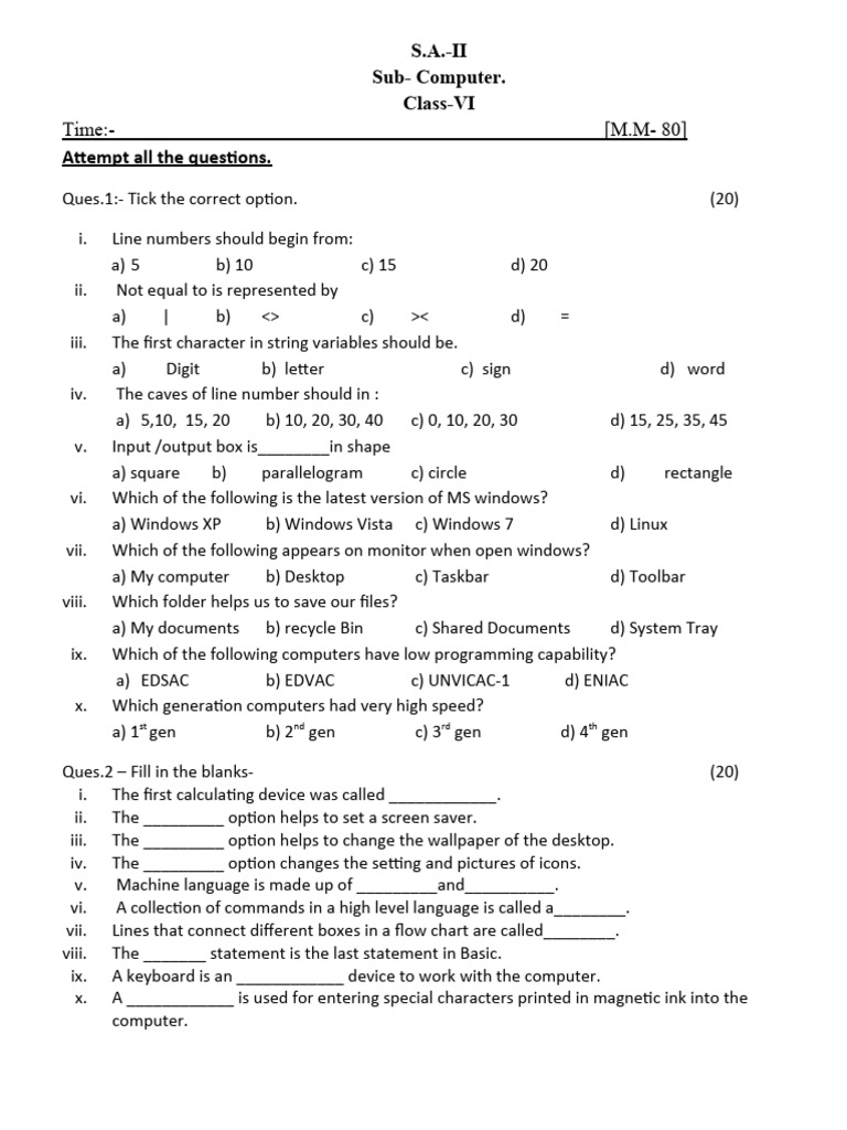 Class VI Computer Science Exam Questions | PDF | Computers