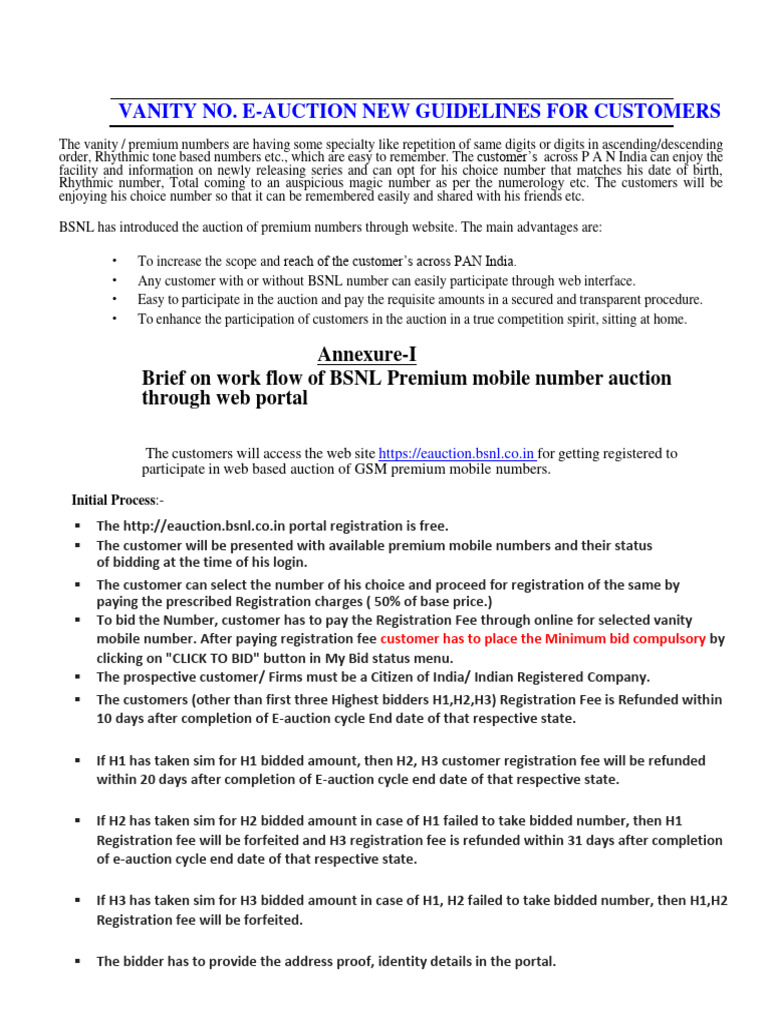 BSNL Vanity Number E-Auction Guidelines | PDF | Auction | Credit Card