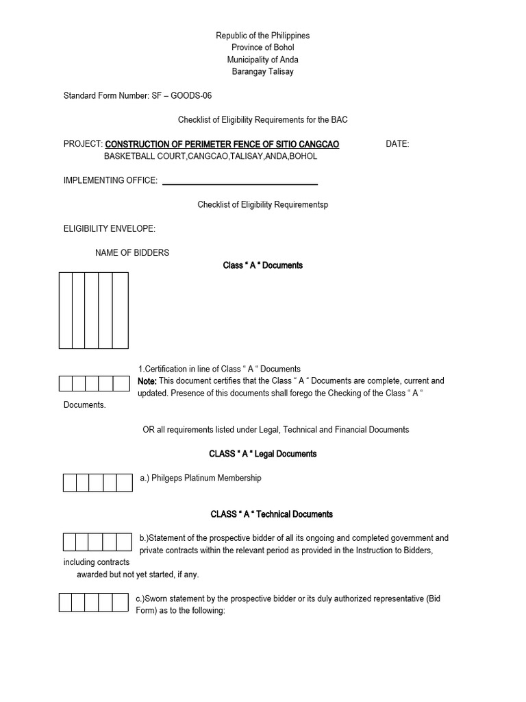 Checklist of Eligibility Requirements For The BAC-Goods | PDF | Finance ...