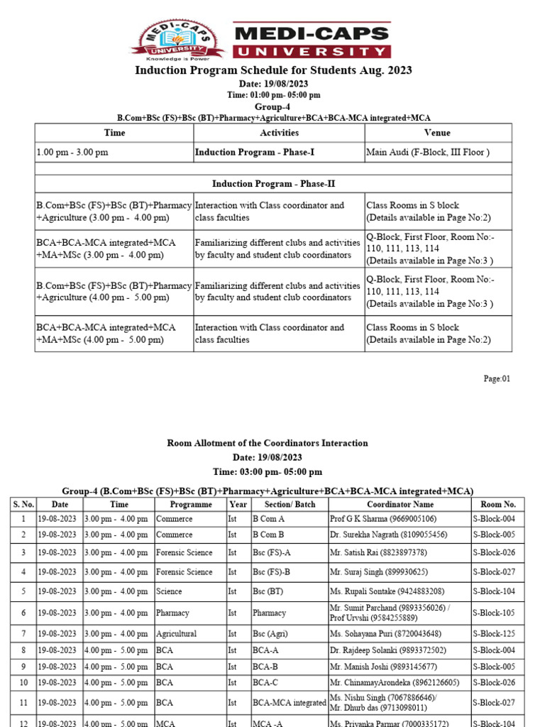 Induction Program Schedule For Group - G4 | PDF