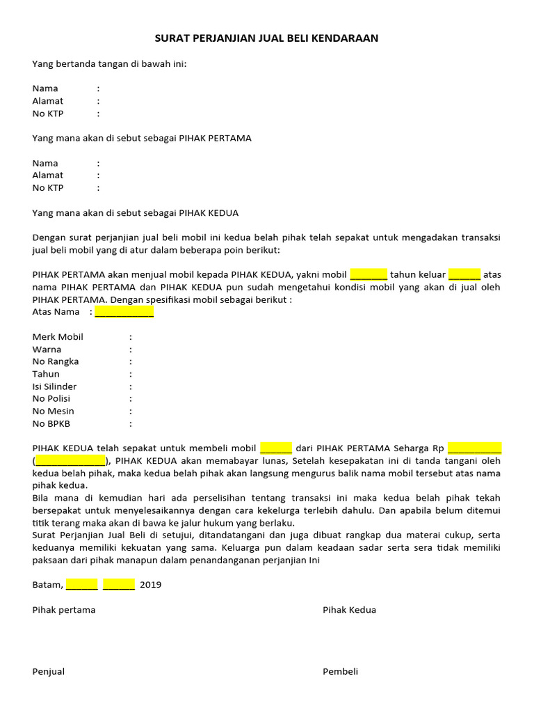 Surat Perjanjian Jual Beli Mobil | PDF