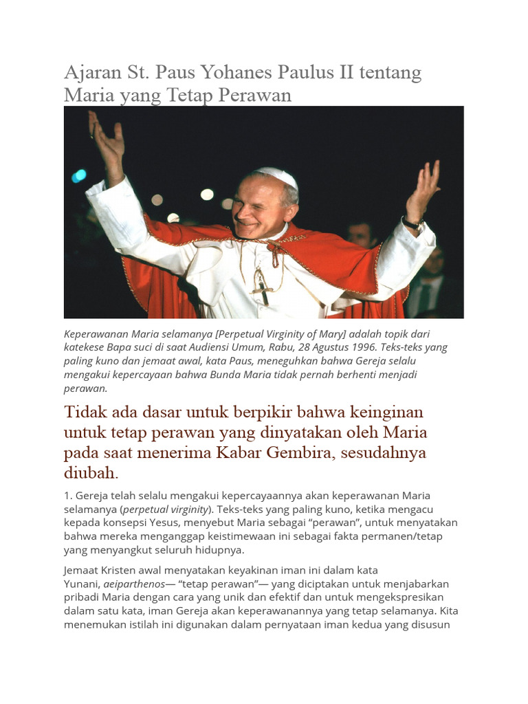 Ajaran St. Paus Yohanes Paulus II Tentang Maria Yang Tetap Perawan | PDF