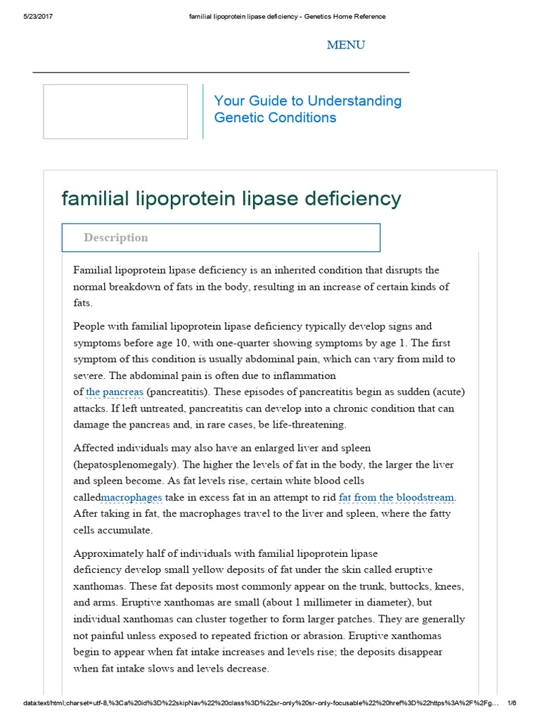 Familial Lipoprotein Lipase Deficiency - Genetics Home Reference | PDF ...