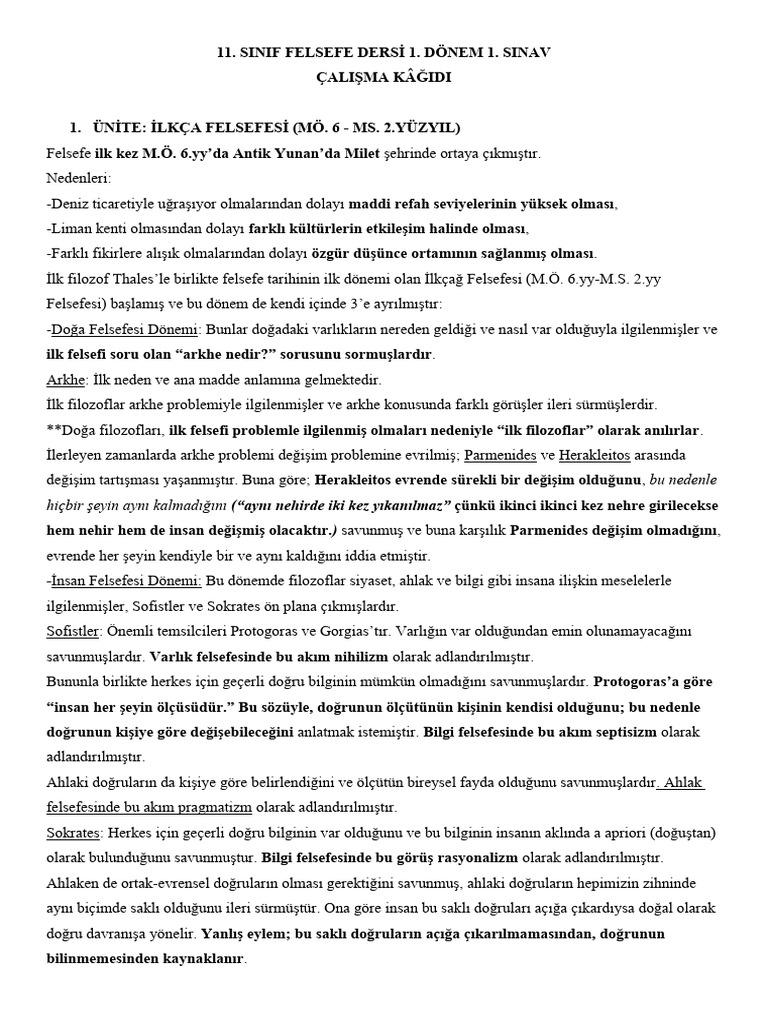 11.Sinif Felsefe 1.d. 1.s Calisma Kagidi | PDF