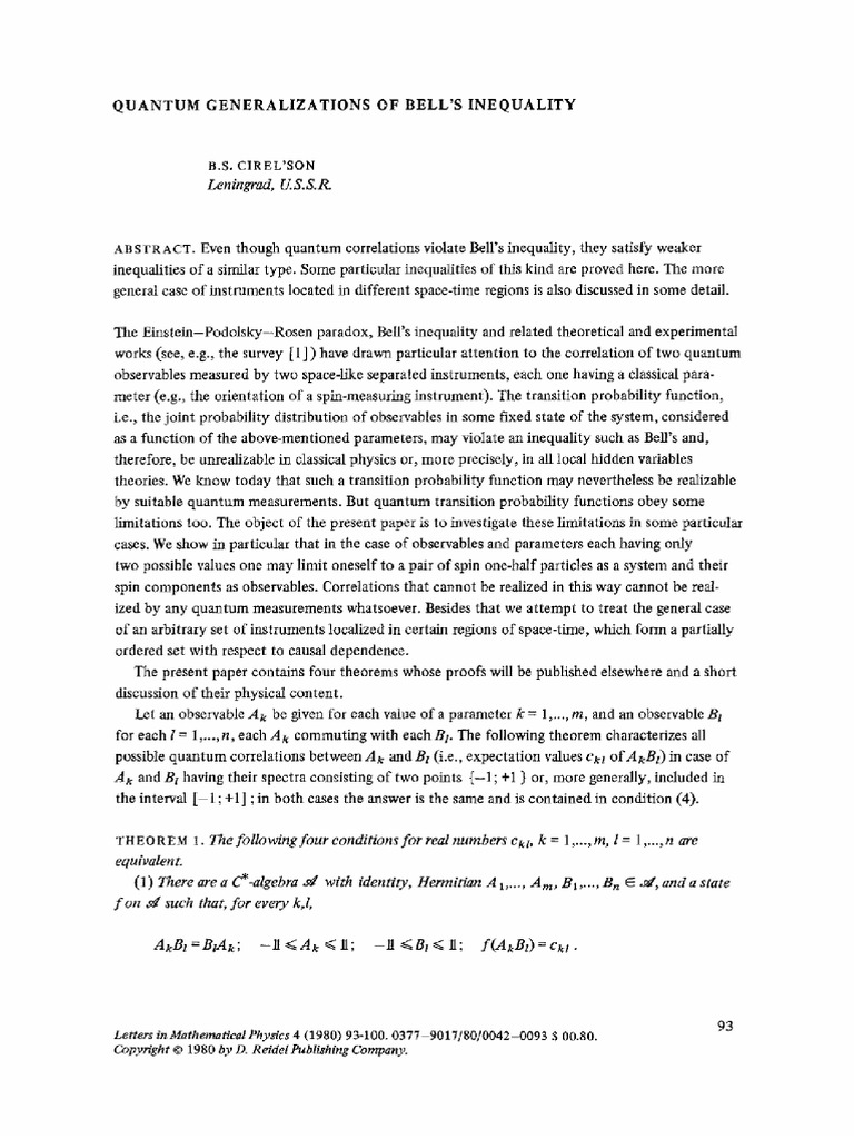 Quantum Generalizations Of Bells Inequality Pdf Scientific Theories Physics