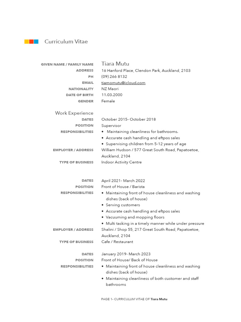 Tiara Mutu Cafe All Rounder Resume | PDF