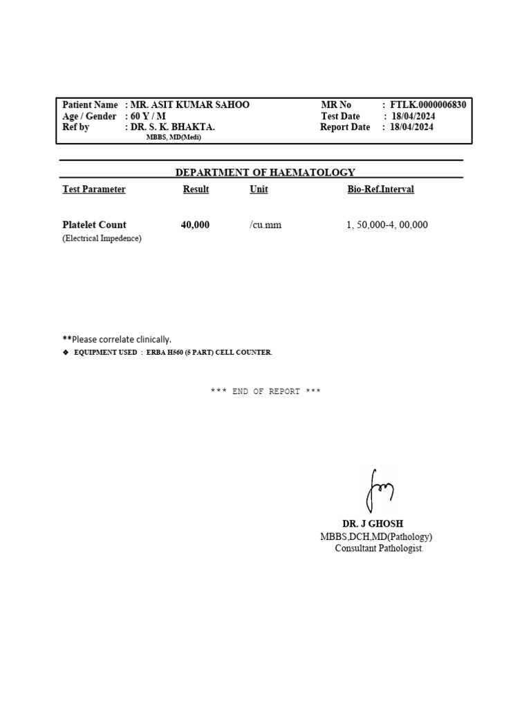 Absolute Platelet Count | PDF