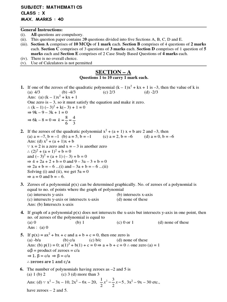 Maths Class X Chapter 02 Polynomials Practice Paper 02 Answers 1 | PDF ...