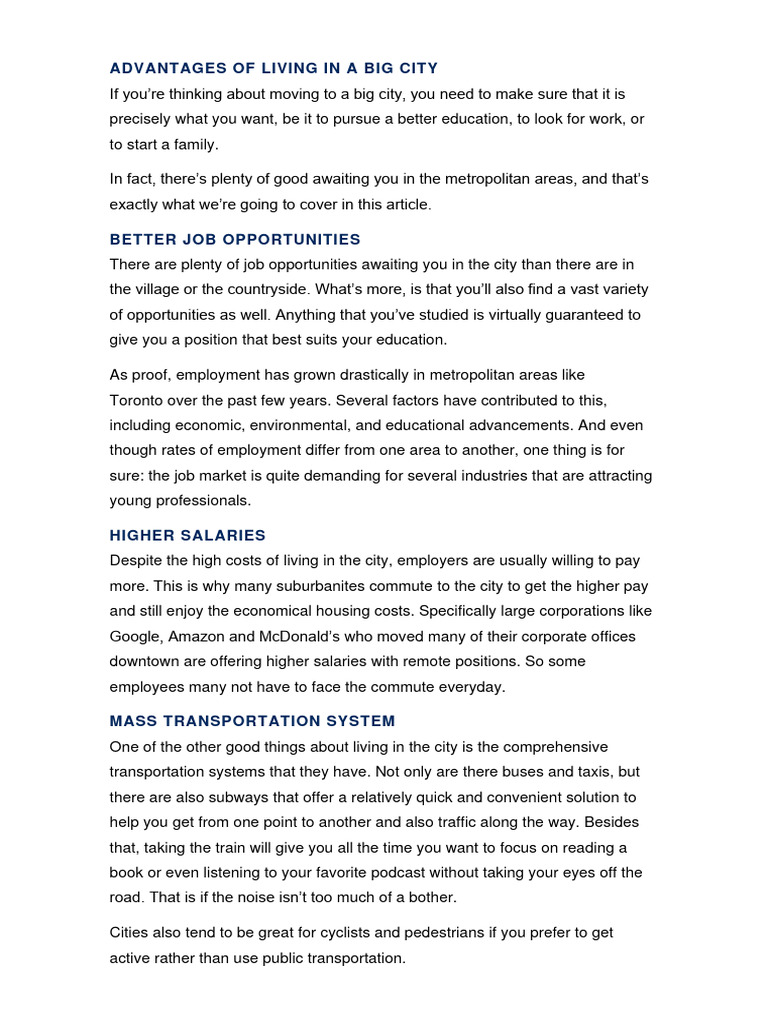 6 ADVANTAGES OF LIVING IN A BIG CITY | PDF | Cost Of Living | Employment