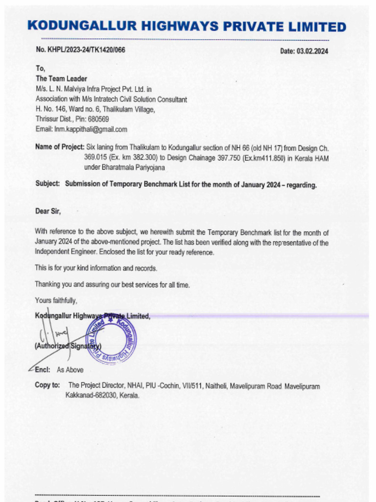 KHPL-2023-24-TK1420-066-Submission of Temporary Benchmark List For The ...