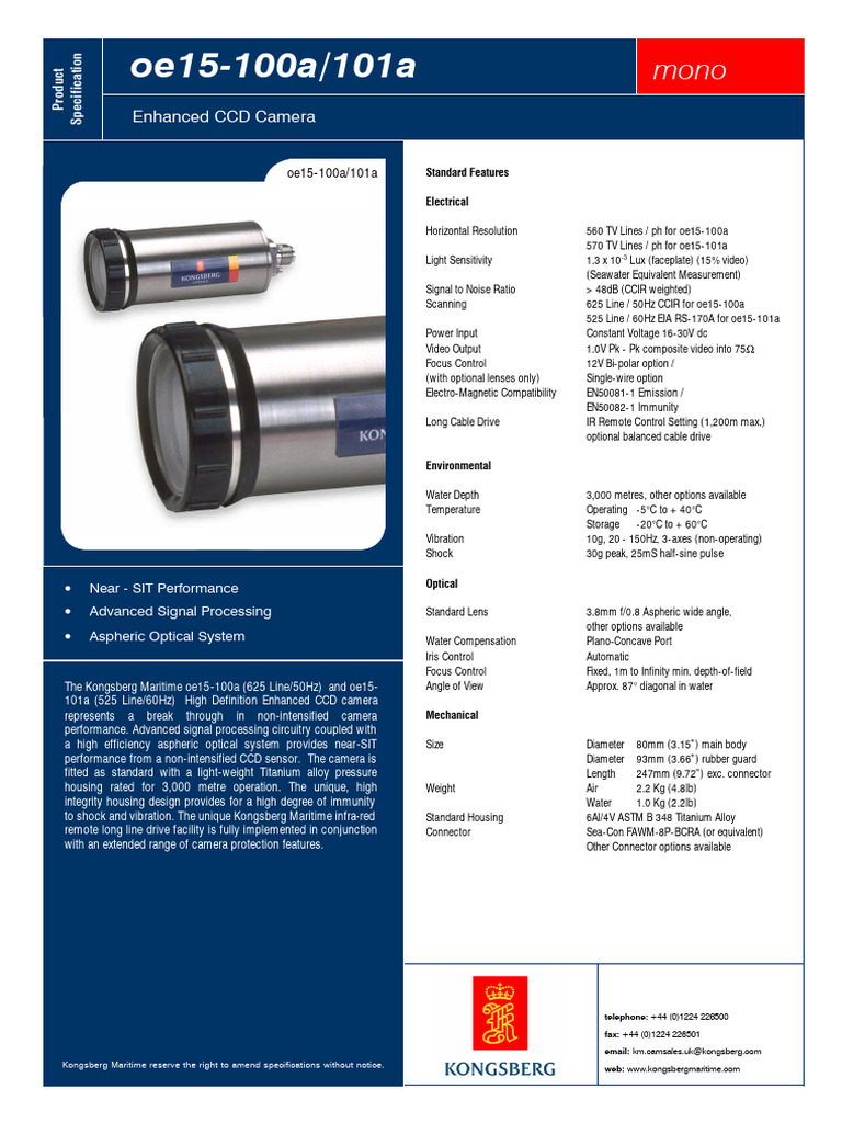 Kongsberg OE 15 100a Data Sheet | PDF | Camera | Optics