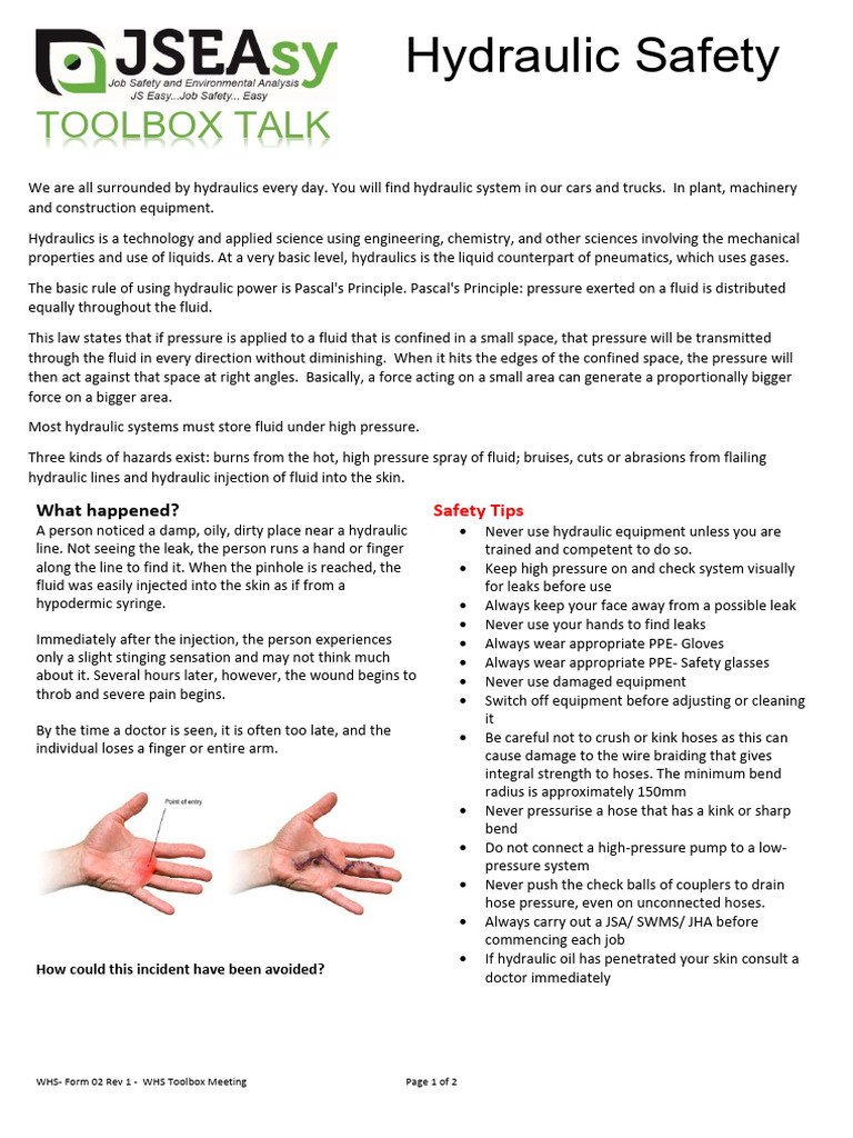 Toolbox Talk Hydraulic Safety | PDF | Hydraulics | Pressure