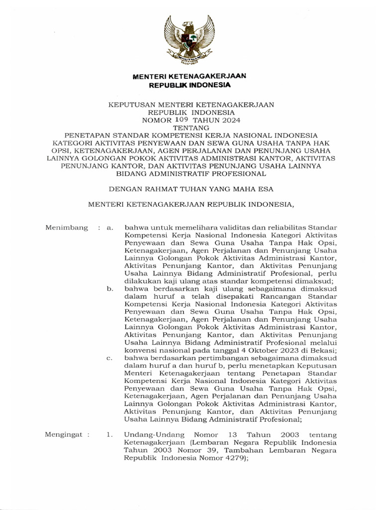 SKKNI 109-2024.PDF Administrasi Profesional | PDF