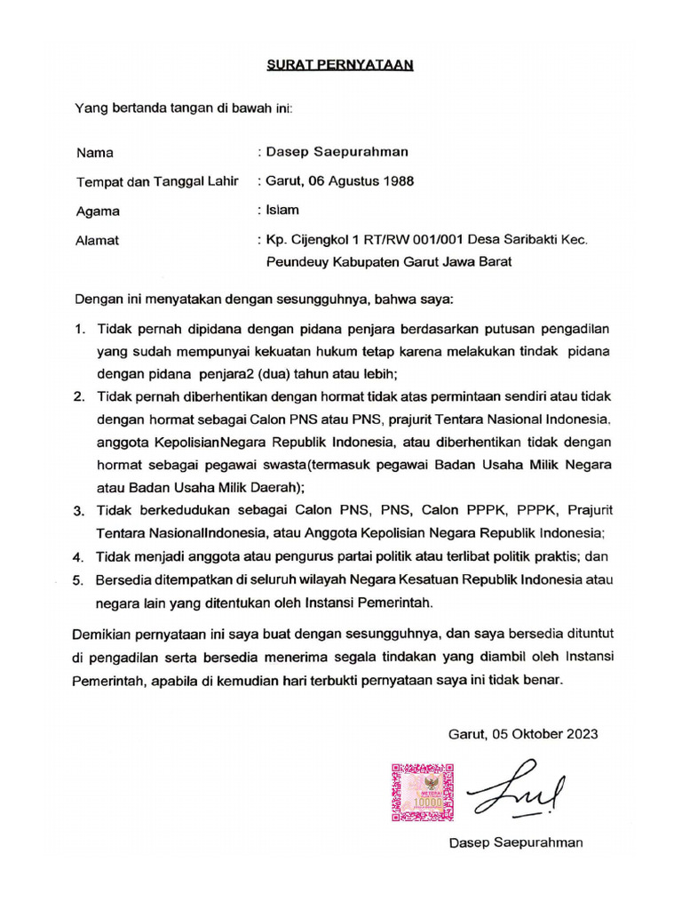 Surat Pernyataan 5 Poin Dasep S. E-Materai | PDF