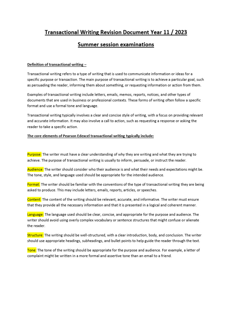 Year 11 Transactional Writing Guide | PDF | Written Communication ...