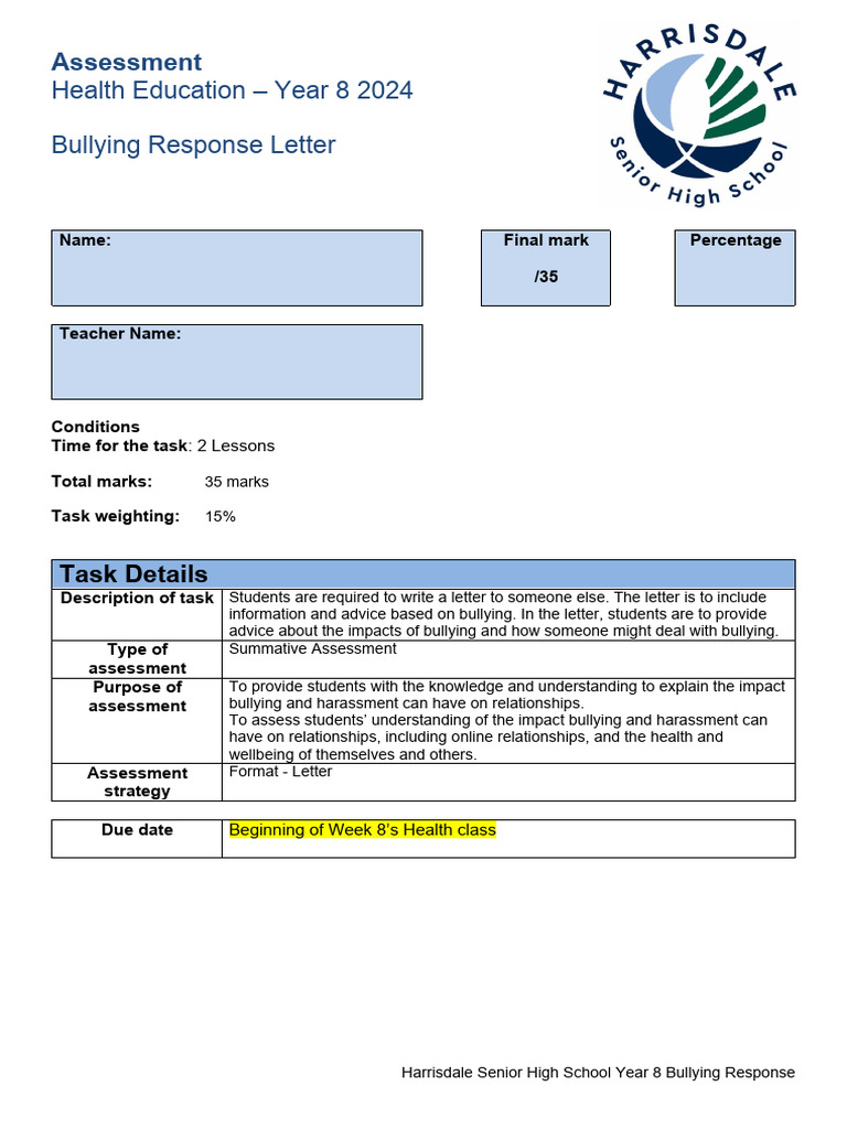 Assessment Task 1 - Bullying Response Letter | PDF | Bullying | Information