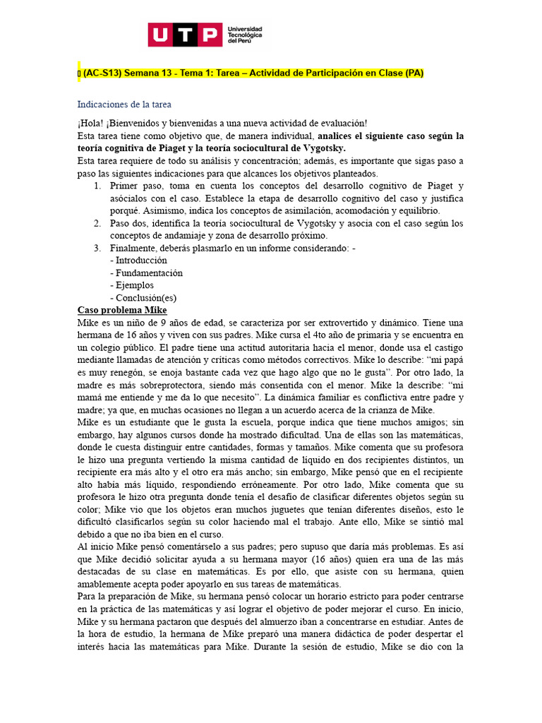 ? (AC-S13) Semana 13 - Tema 1 Tarea - Actividad de Participación en Clase (PA) (Personalidad ...