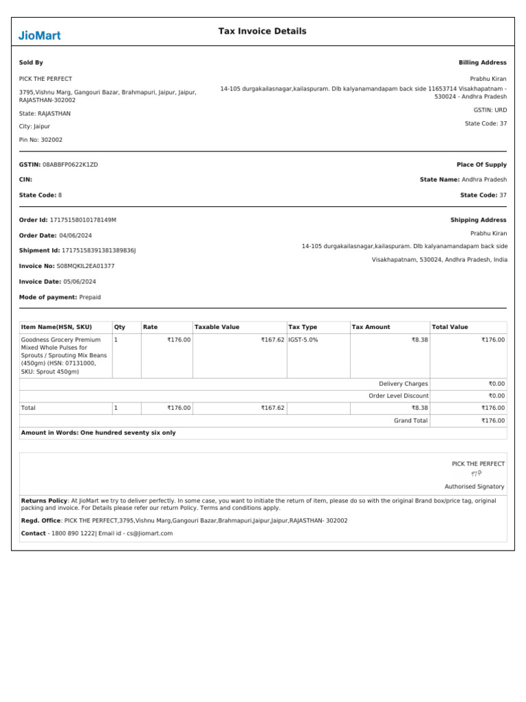 JioMart Invoice 1718275434735 | PDF | Taxation | Economies