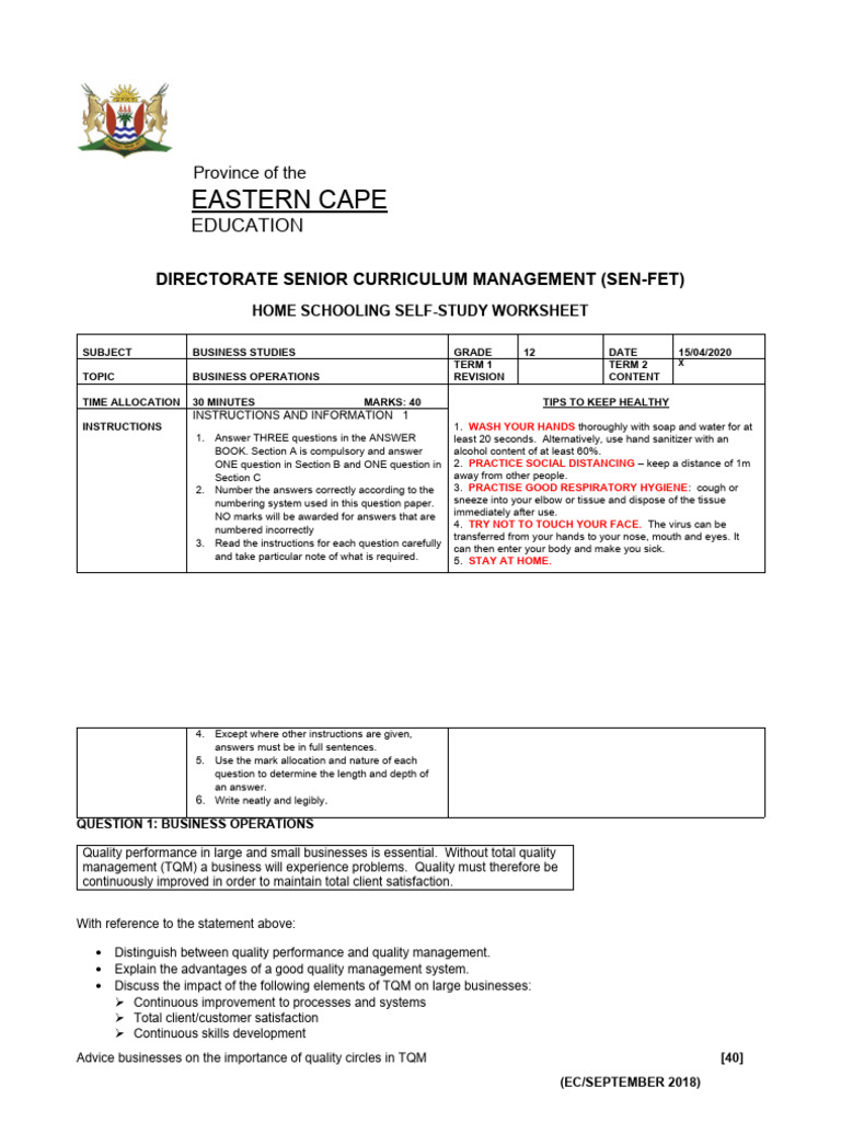 Business Studies Grade 12 Worksheet 15 Business operations | PDF