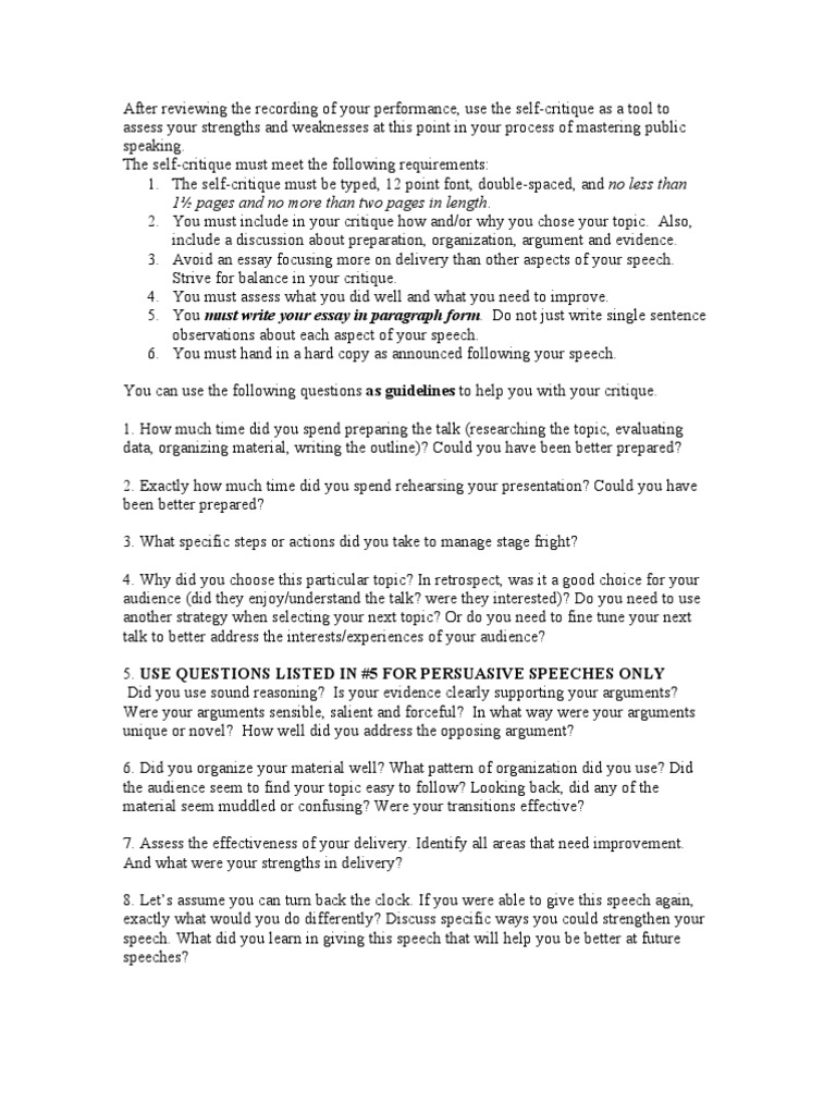 SelfEvaluationGuidelinesF11 4 | PDF | Argument | Public Speaking