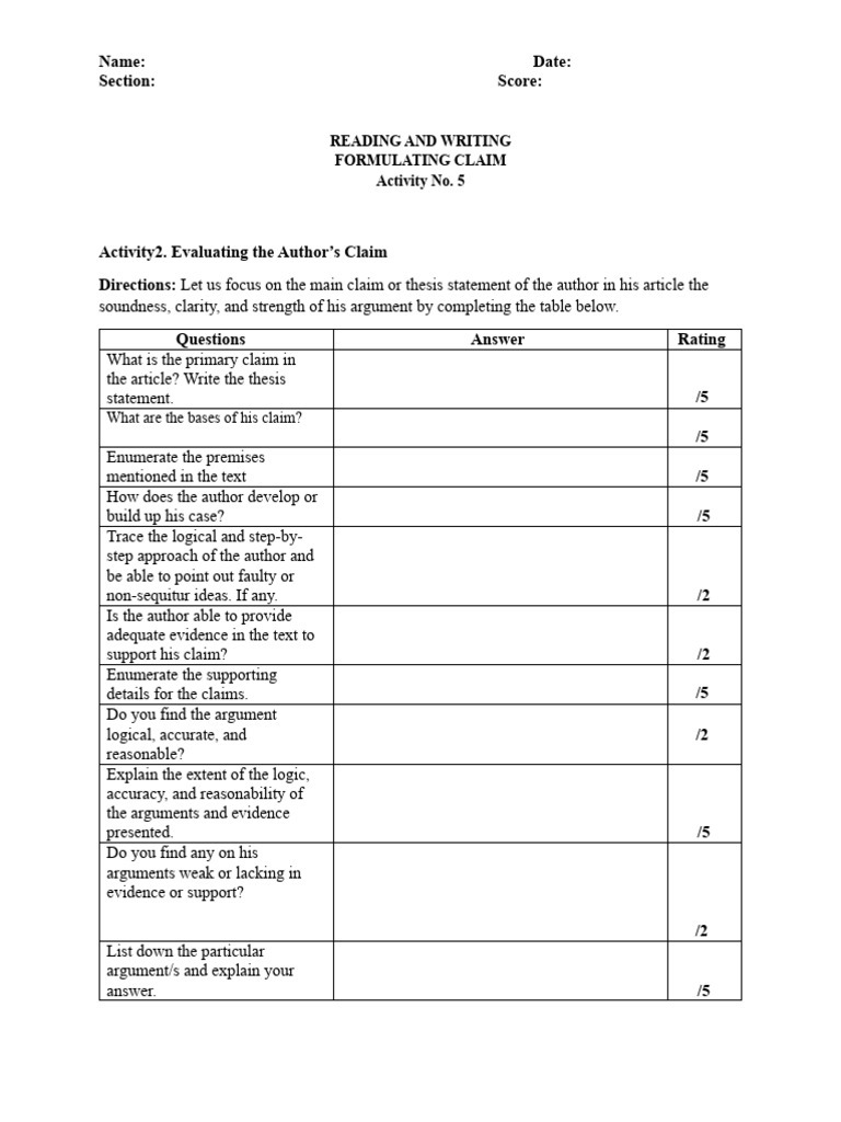Formulating Claim Task 2 | PDF | Argument | Logic