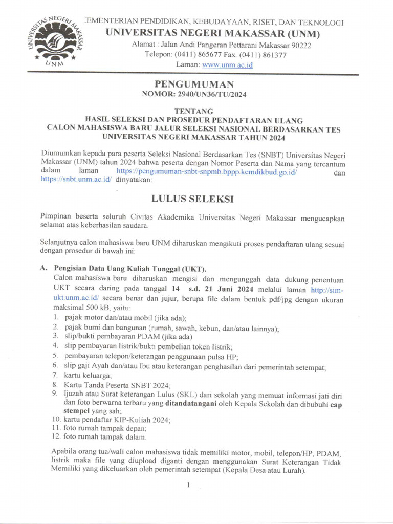 Prosedur Pendaftaran Ulang Mahasiswa Baru Jalur SNBT 2024 | PDF