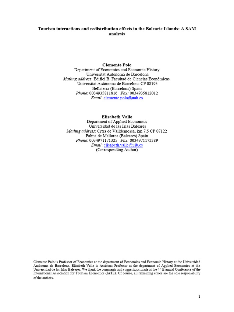 Tourism Interactions and Redistribution Effects in The Balearic Islands: A SAM Analysis | PDF ...