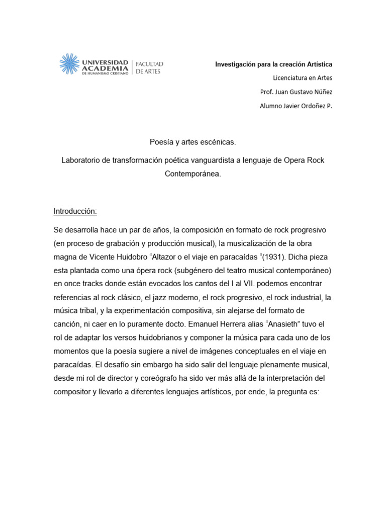 Trabajo 1 - Inv - Creacion Artistica. Javier Ordoñez | PDF | Poesía | Teatro musical