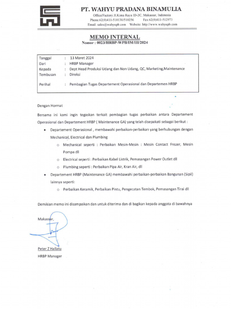 Memo Internal Pembagian Tugas Operasional-HRBP Maintenance GA | PDF