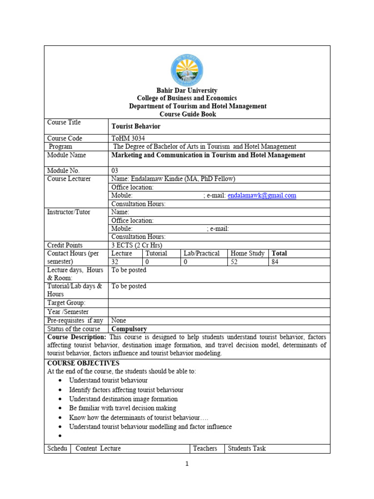 Understanding Tourist Behavior Course Guide | PDF | Behavior | Lecture