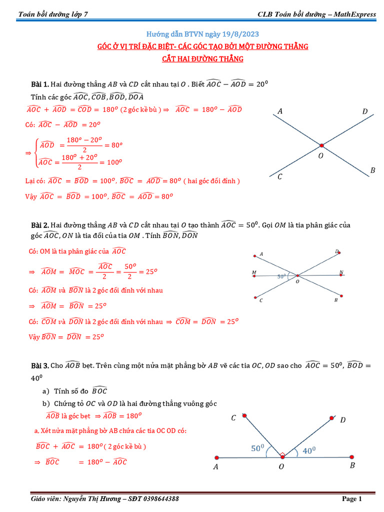 7A1 HDBTVN 18.8 Góc ở Vị Trí Đặc Biệt Các Góc Tạo Bởi Một Đường Thẳng Cắt Hai Đường Thẳng. | PDF