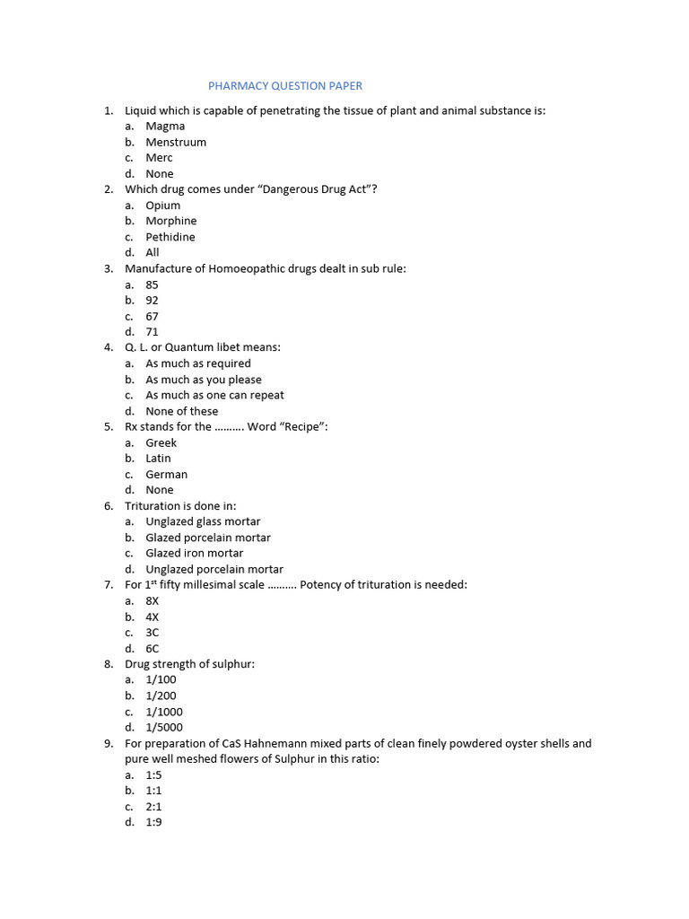 Pharmacy Question Paper | PDF | Homeopathy