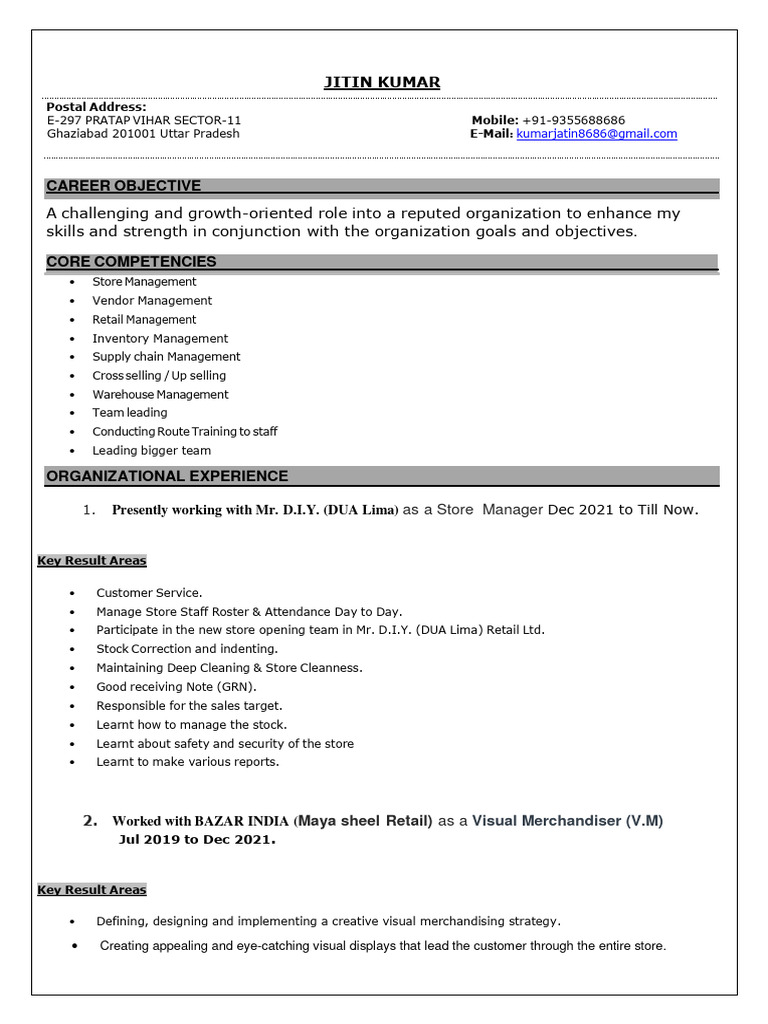 Jitin Kumar CV | PDF | Sales | Retail