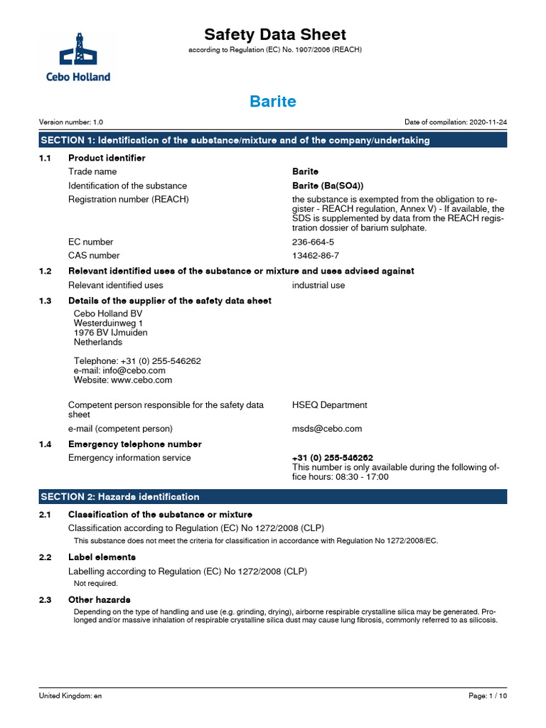 Barite MSDS | PDF | Workplace | Occupational Safety And Health