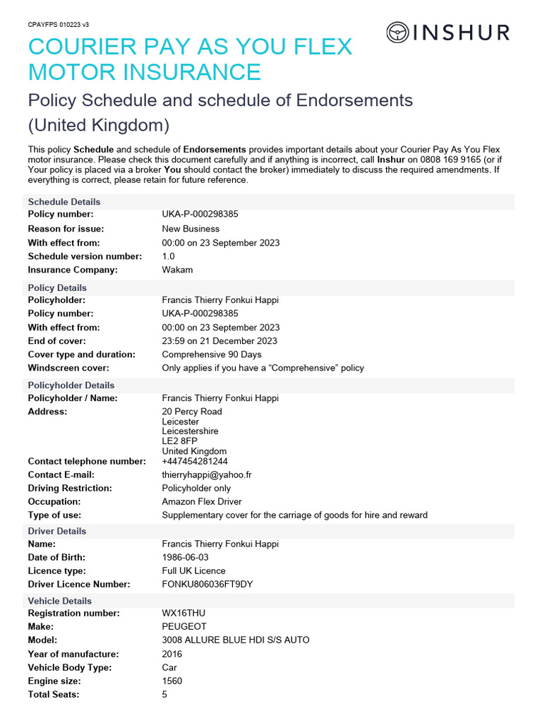 Uka Policy Schedule PAYF v3 - 2023 09 16 - 13 56 03 | PDF | Vehicle ...