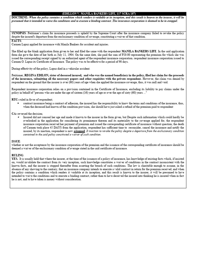 Edillon v. Manila Bankers Life, 117 Scra 187 | PDF | Insurance | Estoppel
