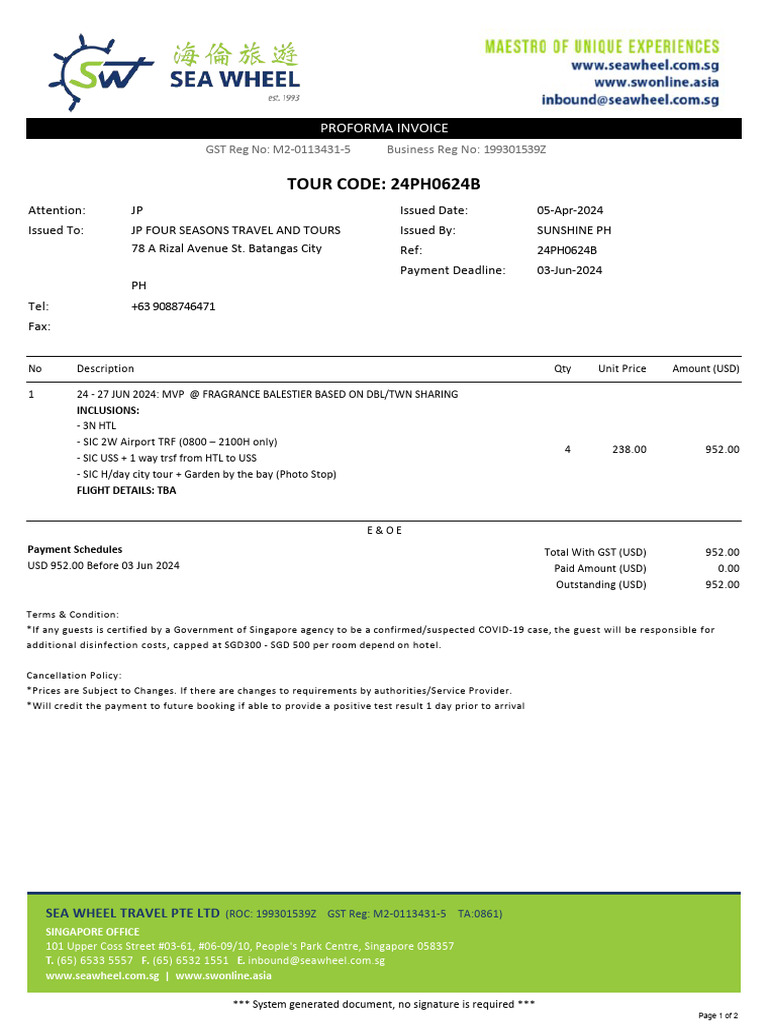 Operation Booking Proforma Invoice 24PH0624B 04 Apr 2024.pdf-1 | PDF ...