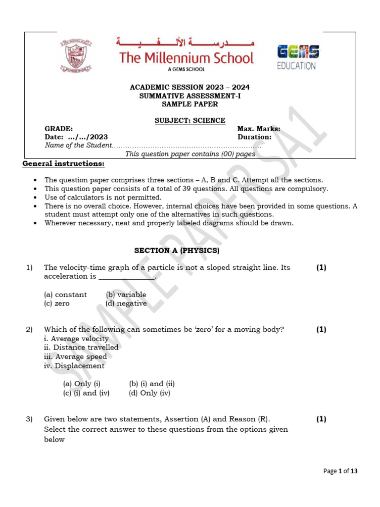 Sample Paper SA1 GR 9 Science 2023-24 | PDF | Atoms | Tissue (Biology)