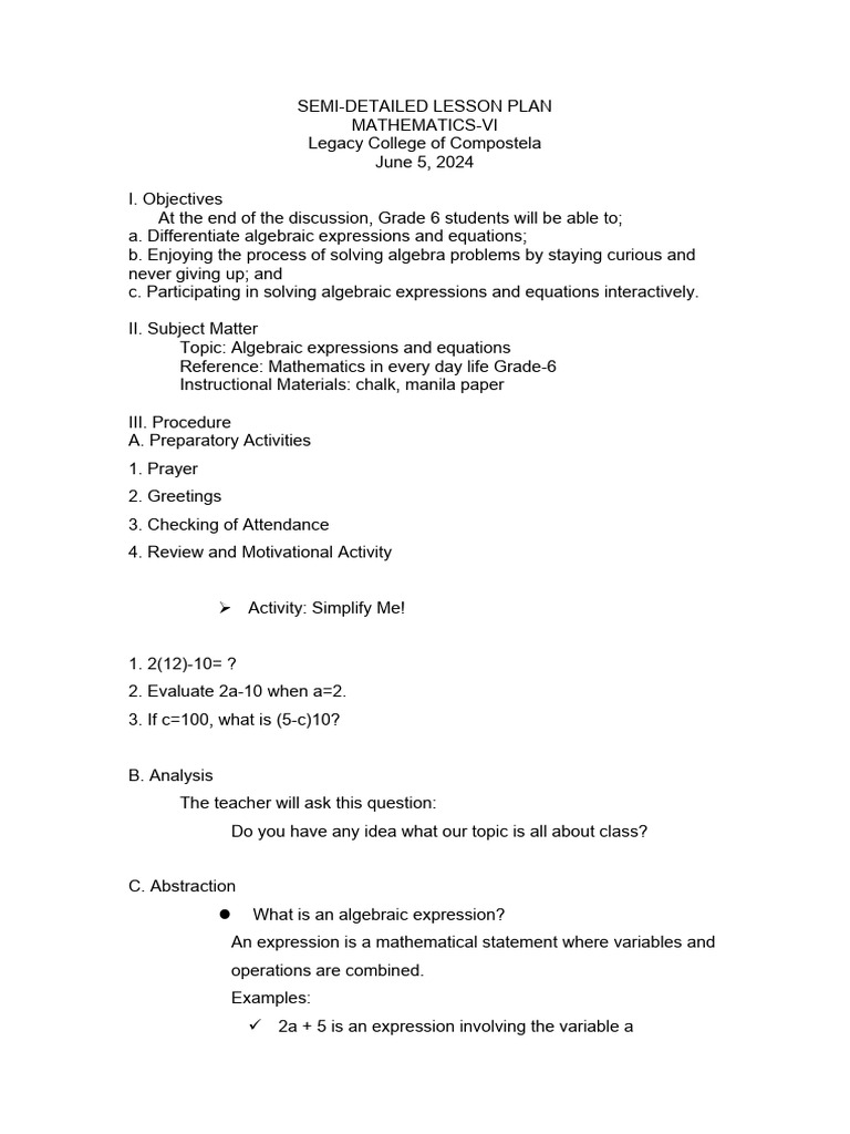 Lesson plan math | PDF | Equations | Algebra