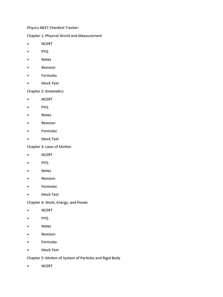 Physics NEET Checklist Tracker | Download Free PDF | Electromagnetism | Electric Current