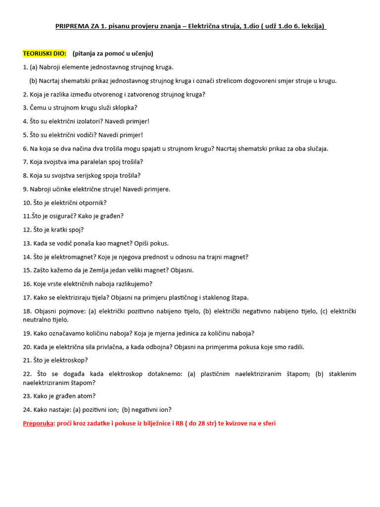 Priprema Za 1. Pisanu Provjeru Znanja El Struja 202324 | PDF