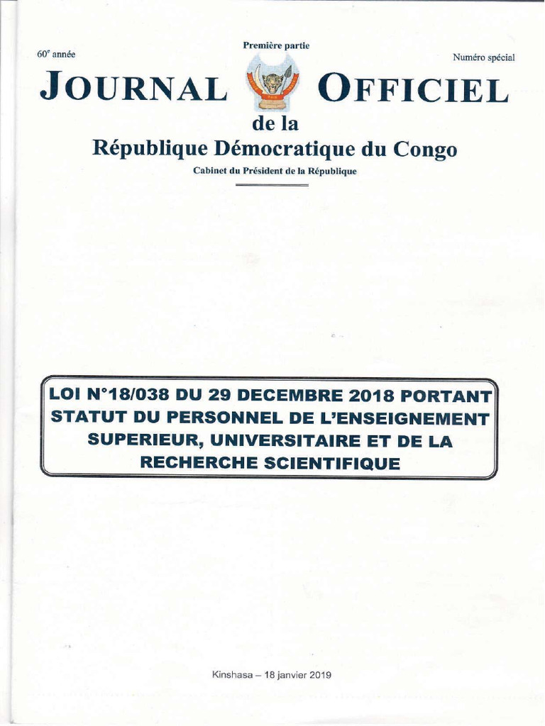 Loi N 18 038 Du 29 Decembre 2018 Portant Statut Du Personnel de Lesu Et ...