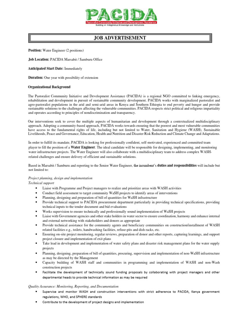 Water Engineer Jobs at PACIDA Kenya | PDF | Wash | Engineering