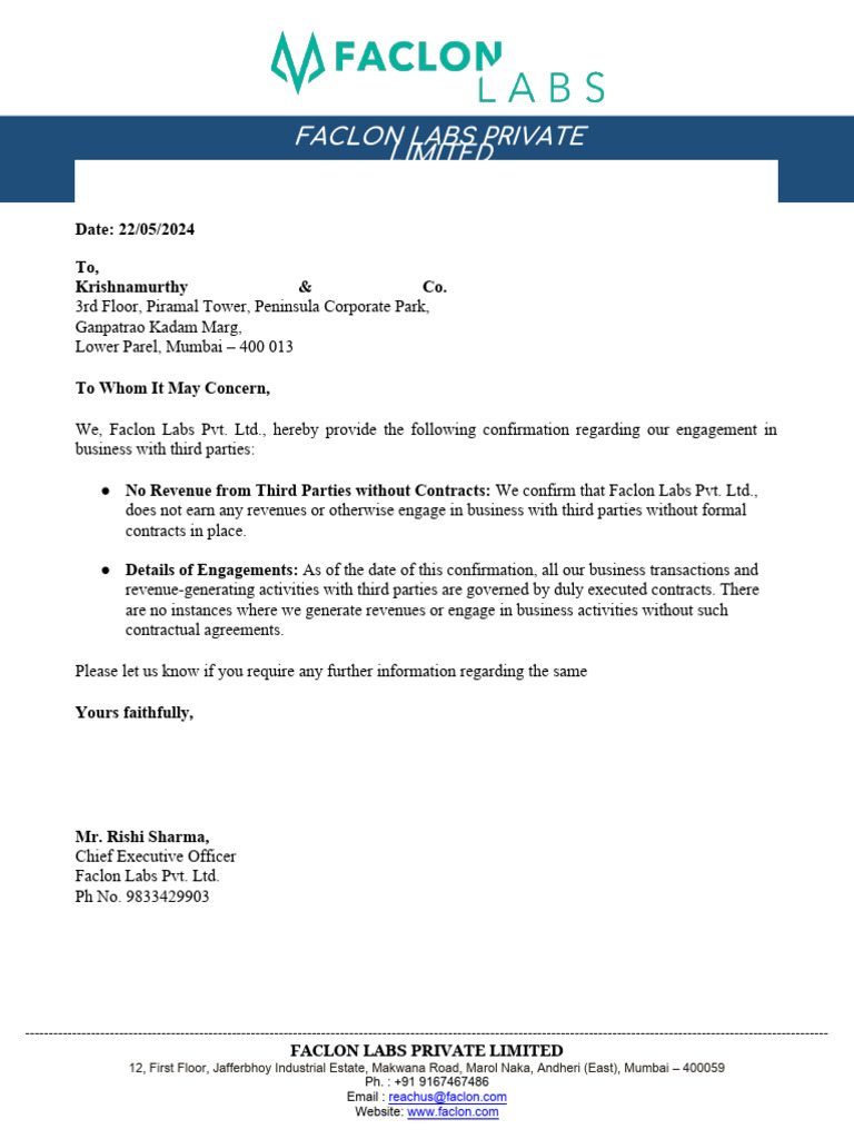 Faclon Labs Contractual Business Confirmation | PDF
