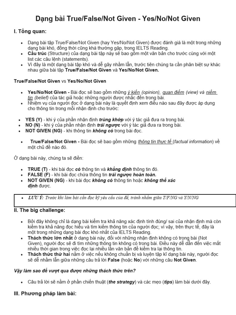 D NG Bài True/False/Not Given - Yes/No/Not Given | PDF